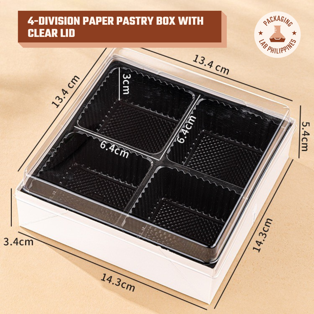 4-Division Paper Pastry Box with Clear Lid / Tiramisu Sampler Box ...